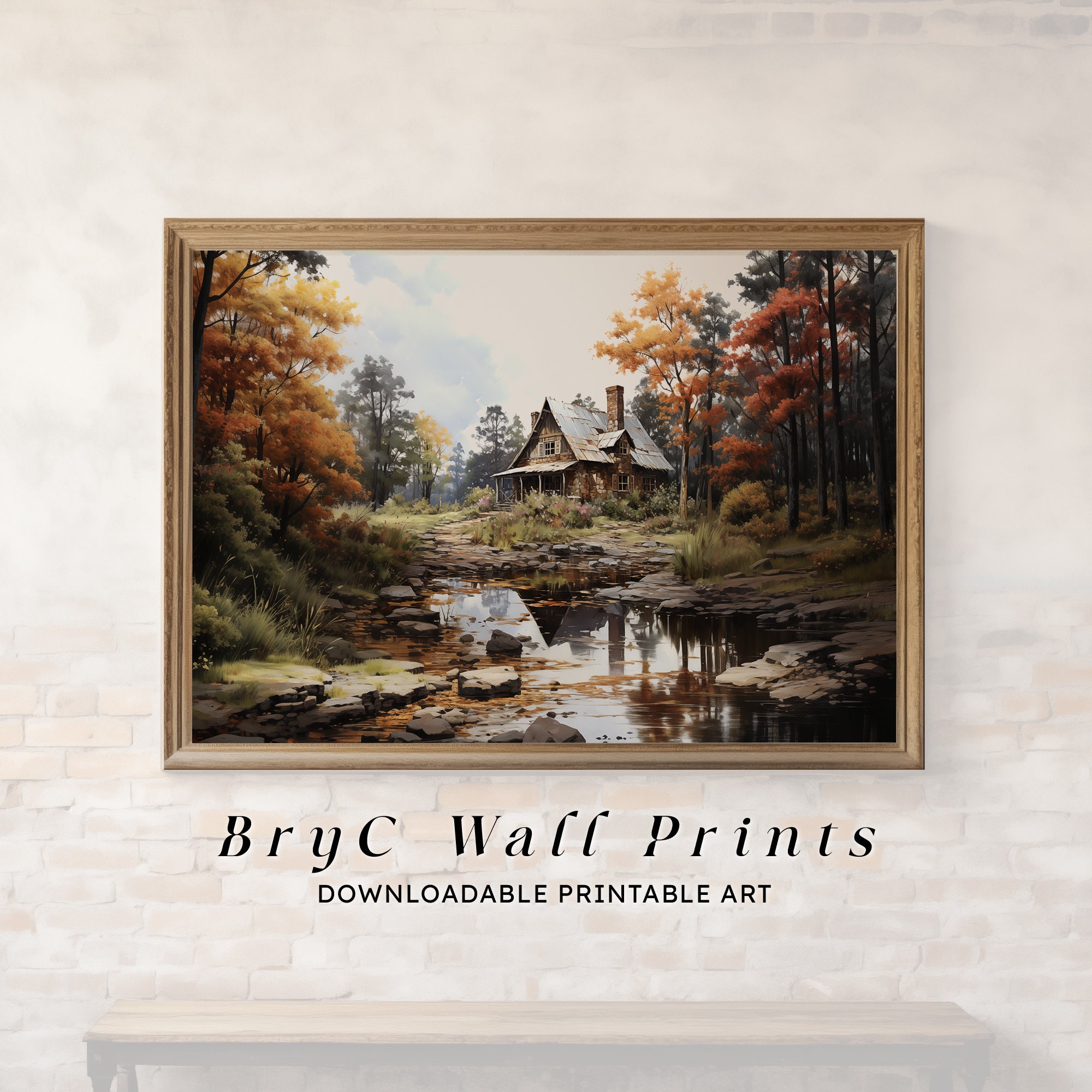 Vintage Cottage Print, Hillside Cabin, Printable Wall Art, Rustic ...