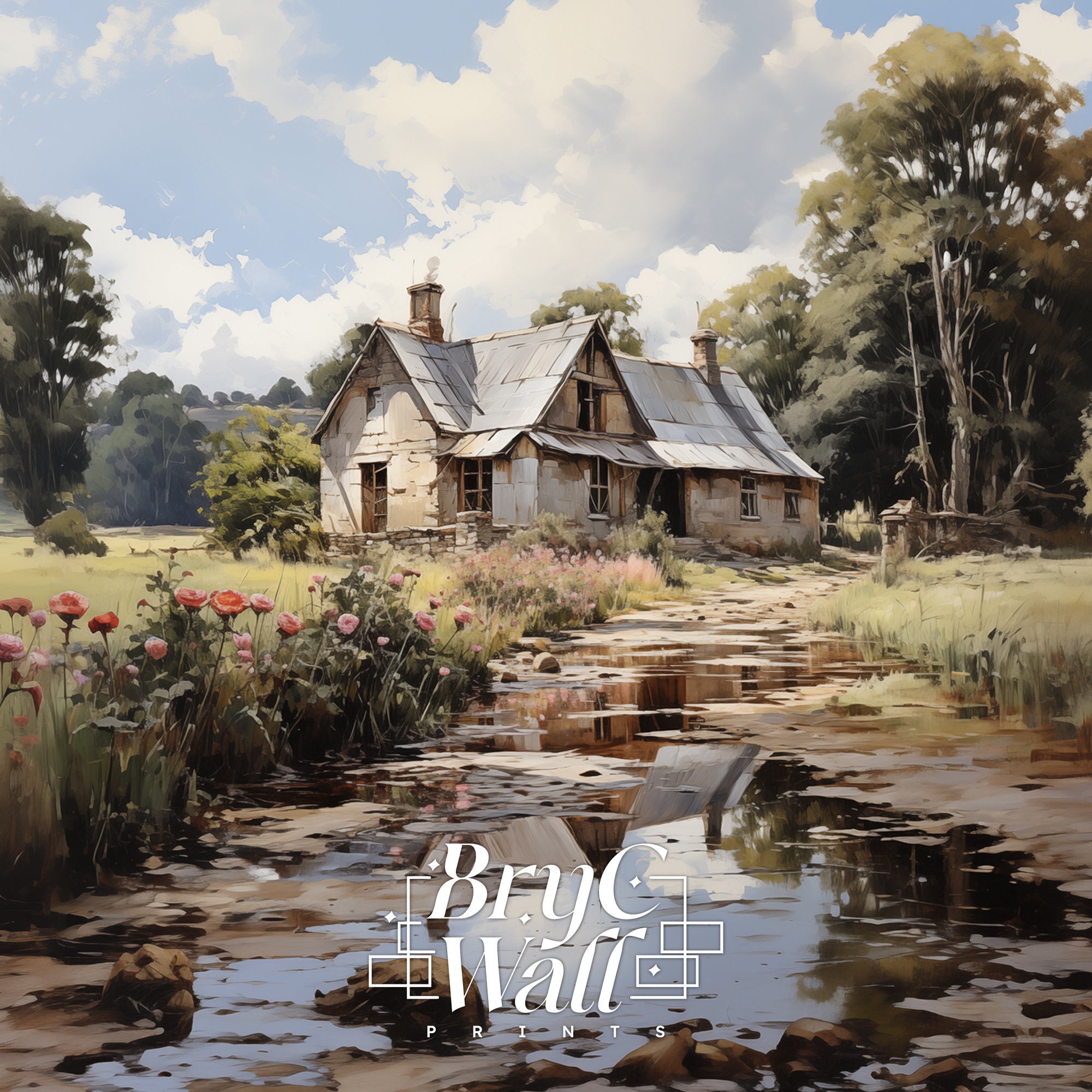 Vintage Cottage Print, Mountain Forest Print, Printable Wall Art ...