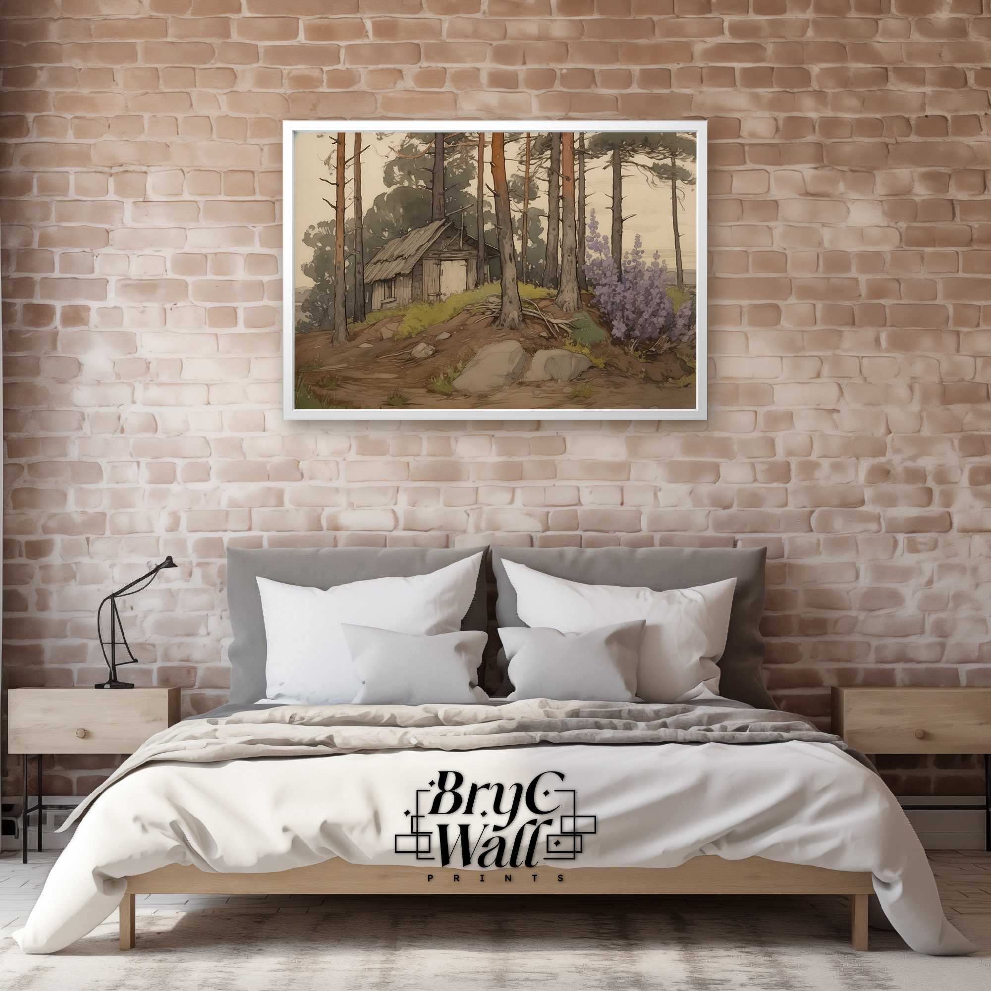 Vintage Cottage Print, Watercolor Print, Pine Forest, Printable Wall ...