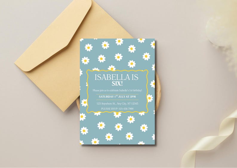 White Daisy Flower Birthday Invitation: Kids A6 Party Invite (digital ...