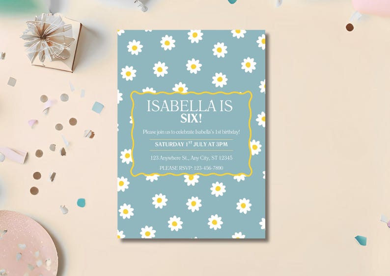 White Daisy Flower Birthday Invitation: Kids A6 Party Invite (digital ...