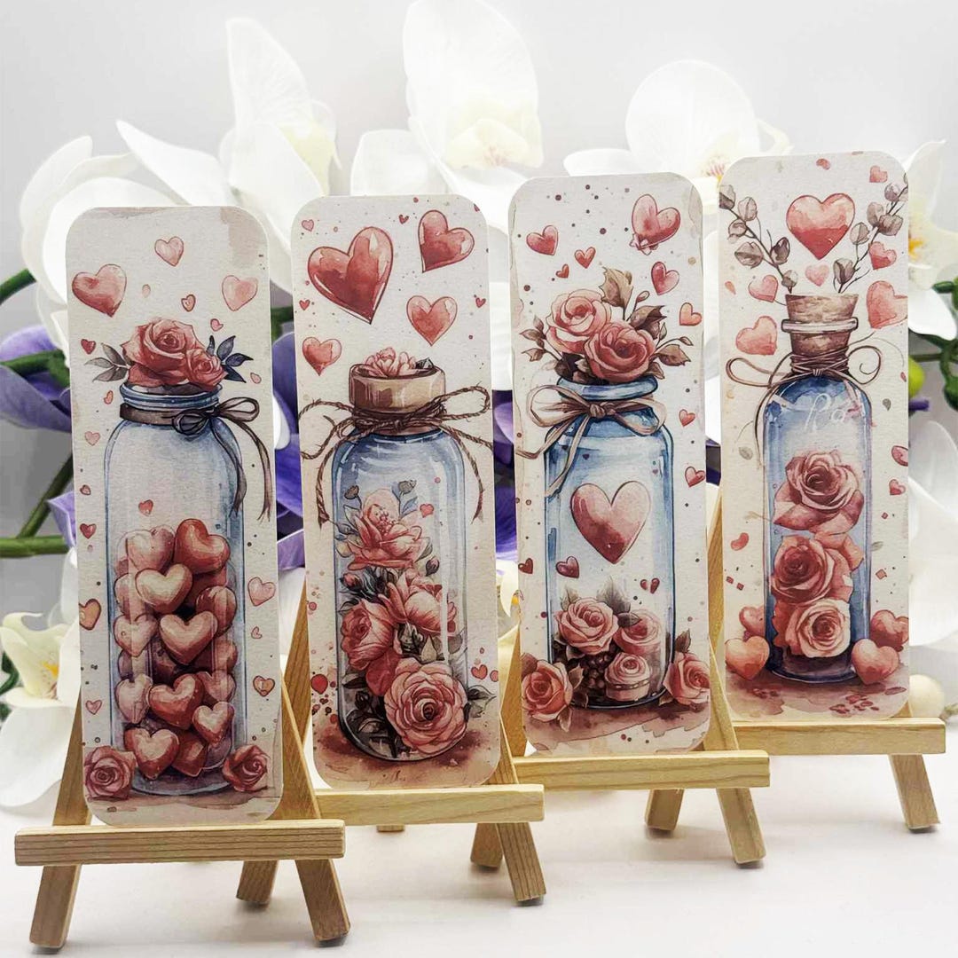 Valentines Laminated Bookmark Set, Heart & Rose Jar Design - Etsy
