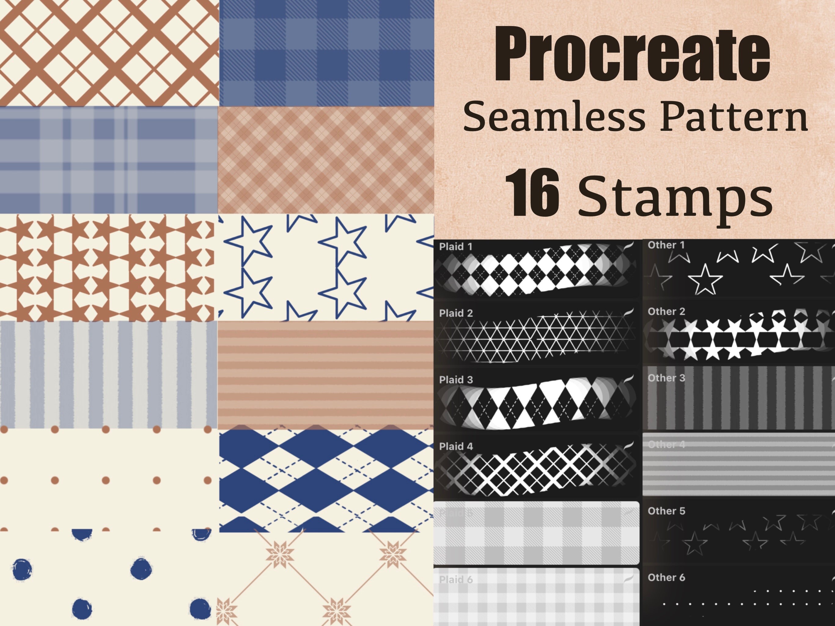 16 Procreate Seamless Pattern Brushes , Dot Pattern , Procreate Plaid ...