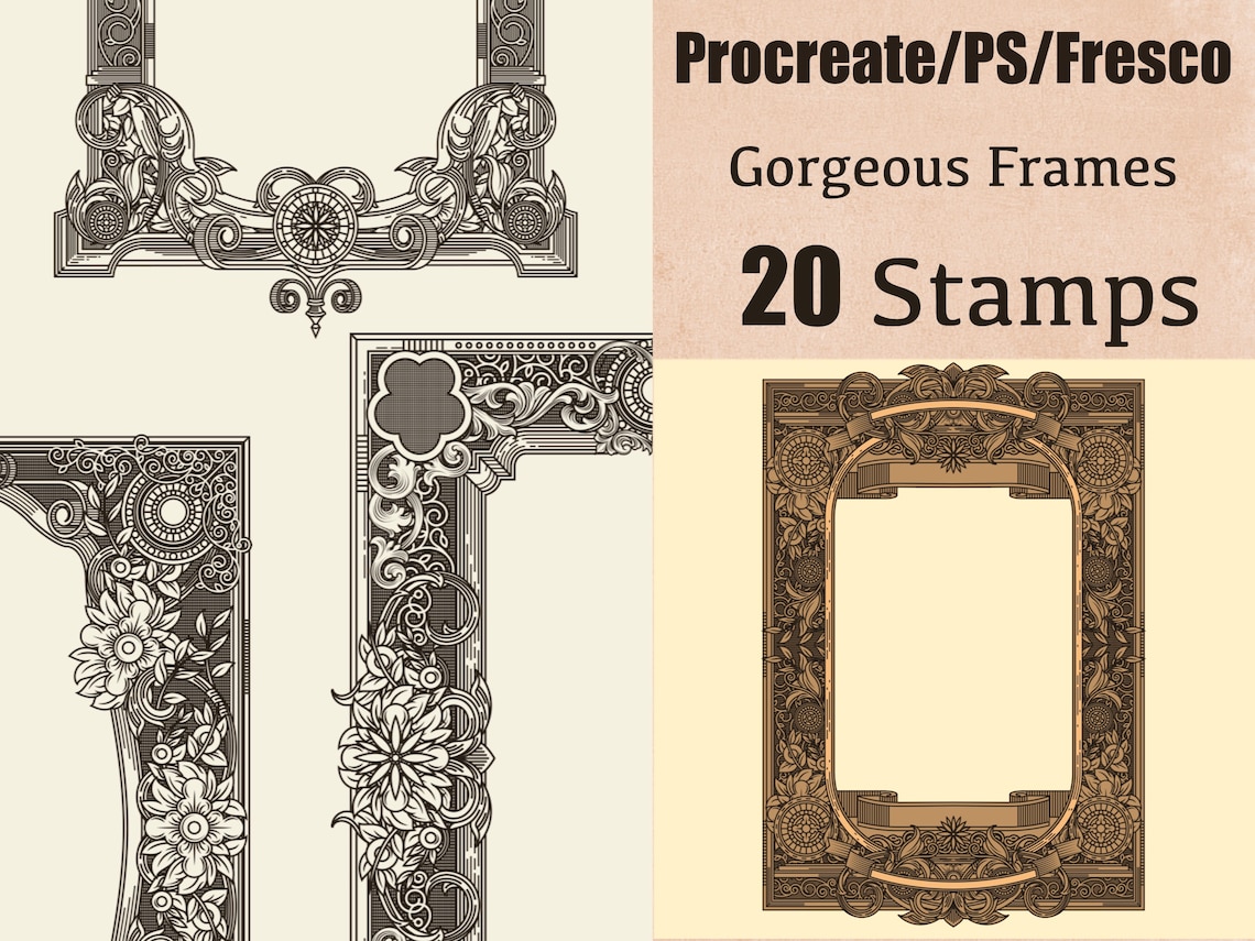 20 Gorgeous Frames Procreate Stamp, Fresco Brush-set, Photoshop Ornate Brushes, Fresco Frames ...