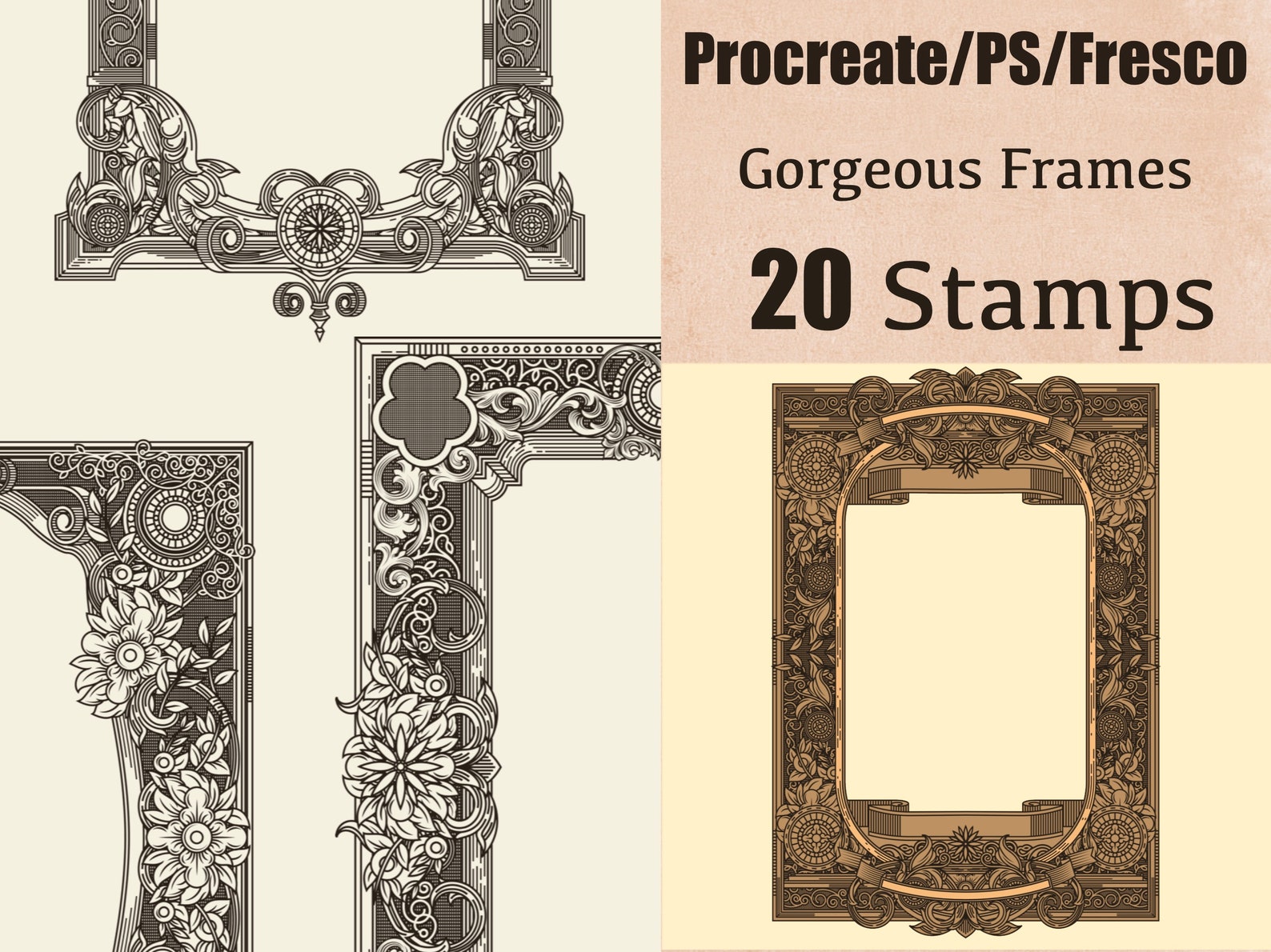 20 Gorgeous Frames Procreate Stamp, Fresco Brush-set, Photoshop Ornate ...