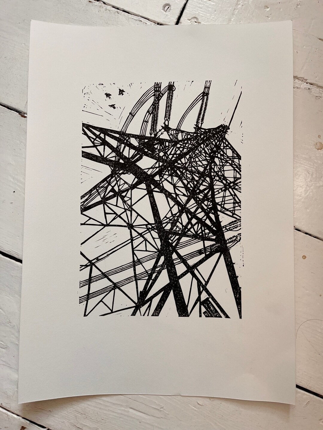 Electric Pylon. Lino Cut Print. Art Print. Engineering and Nature ...