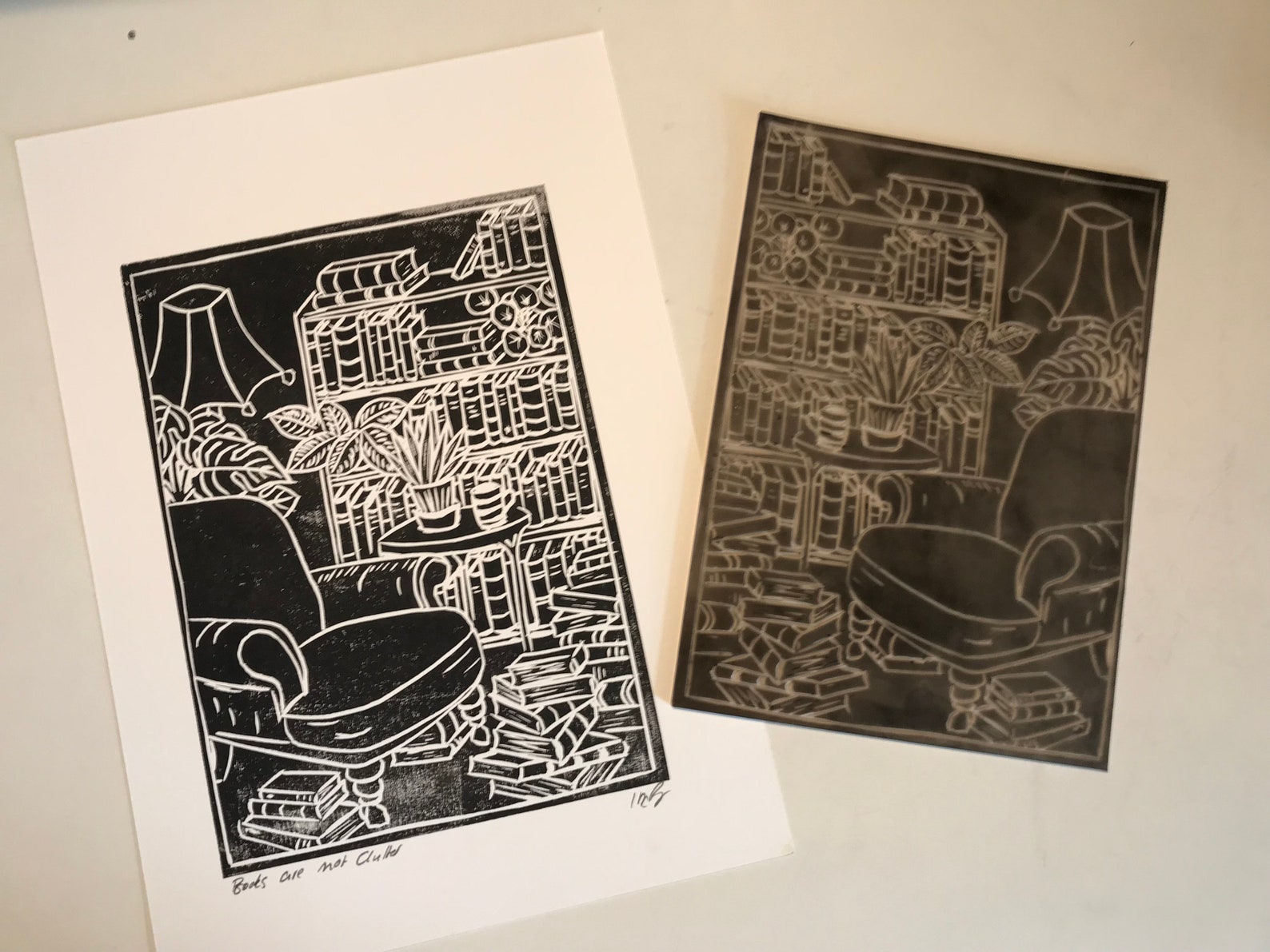 Books Are Not Clutter Original Linocut Print Handprinted and - Etsy