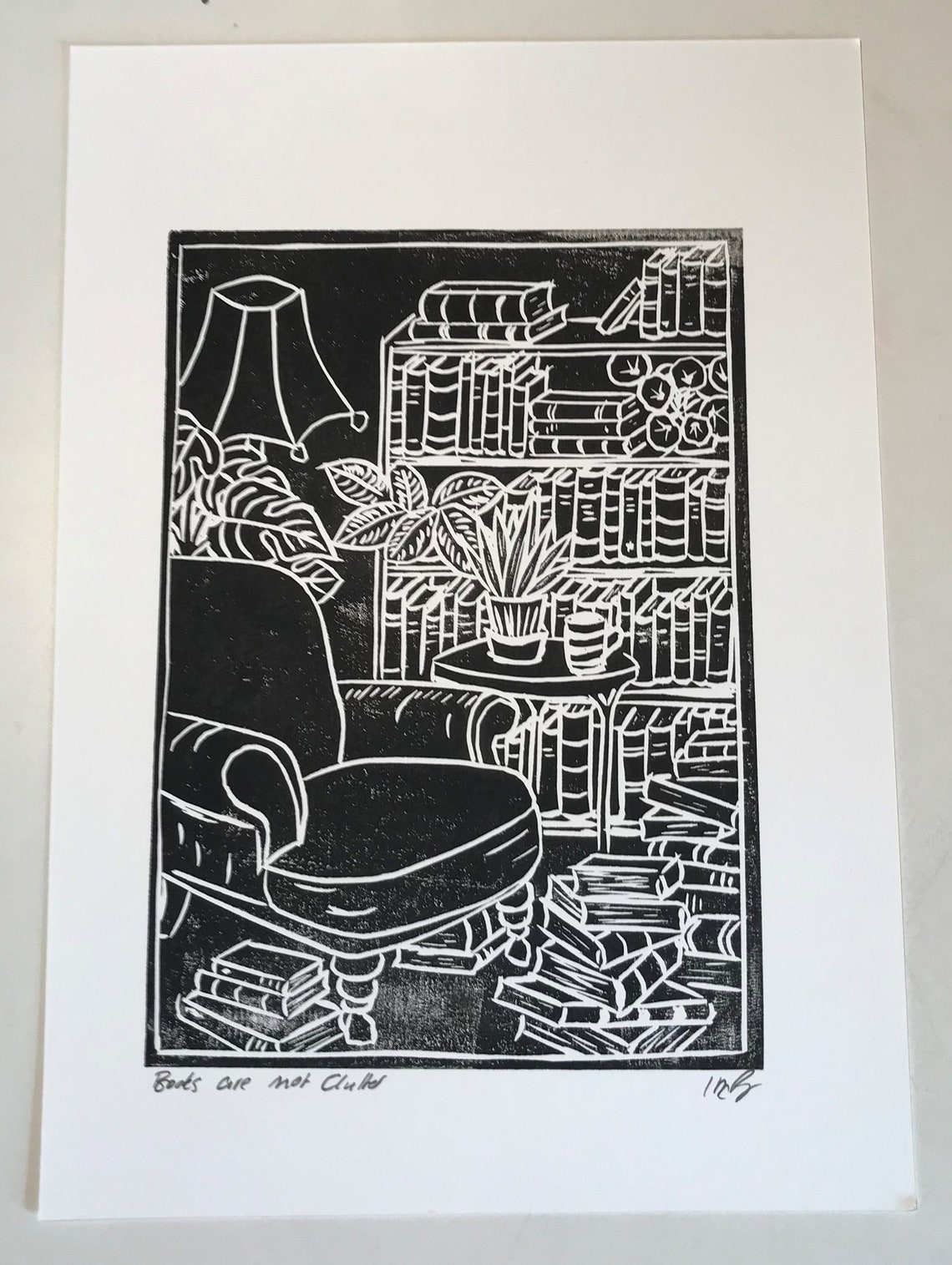 Books are not Clutter Original linocut Print Handprinted and | Etsy