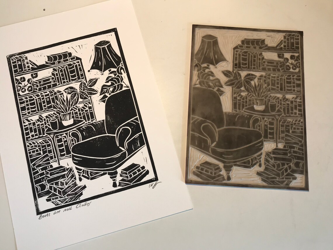 Books are not Clutter Original linocut Print Handprinted and | Etsy