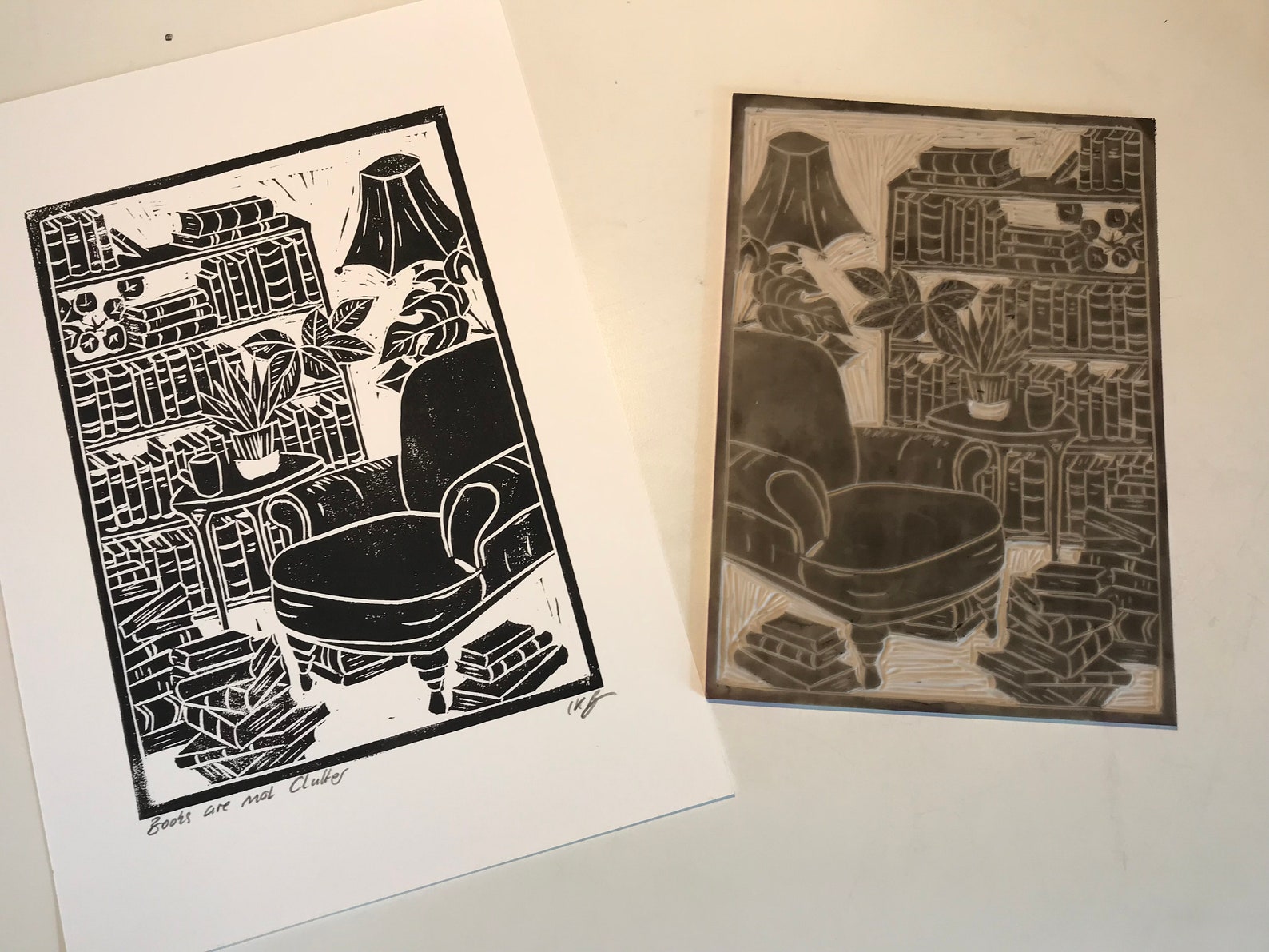 Books are not Clutter Original linocut Print Handprinted and | Etsy