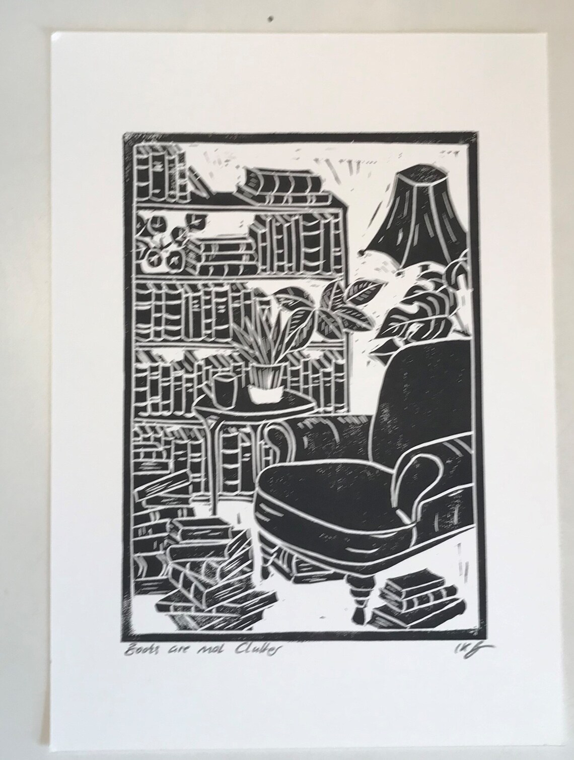 Books are not Clutter Original linocut Print Handprinted and | Etsy