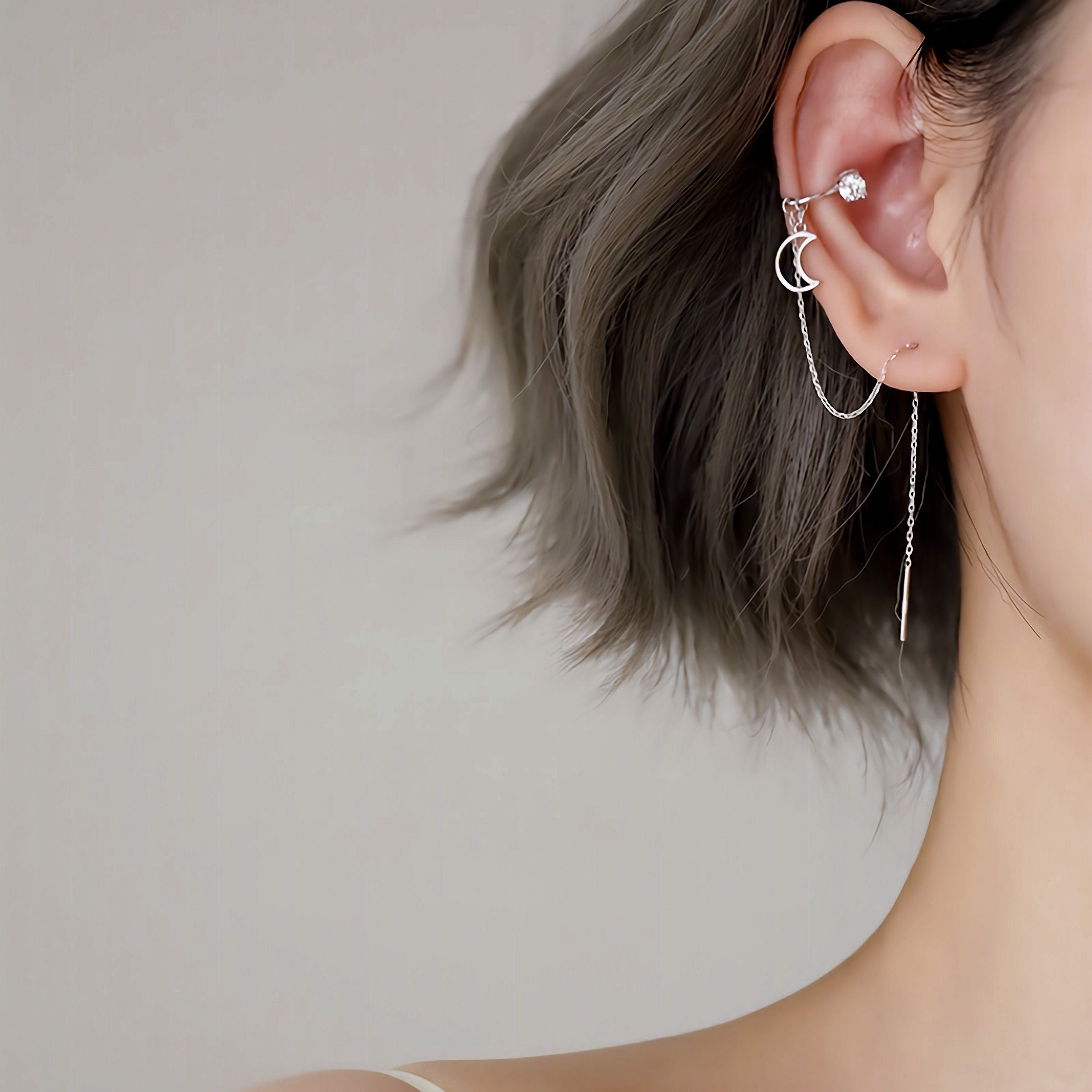 Dainty Silver Moon Threader Earrings With Ear Cuff 925 | Etsy