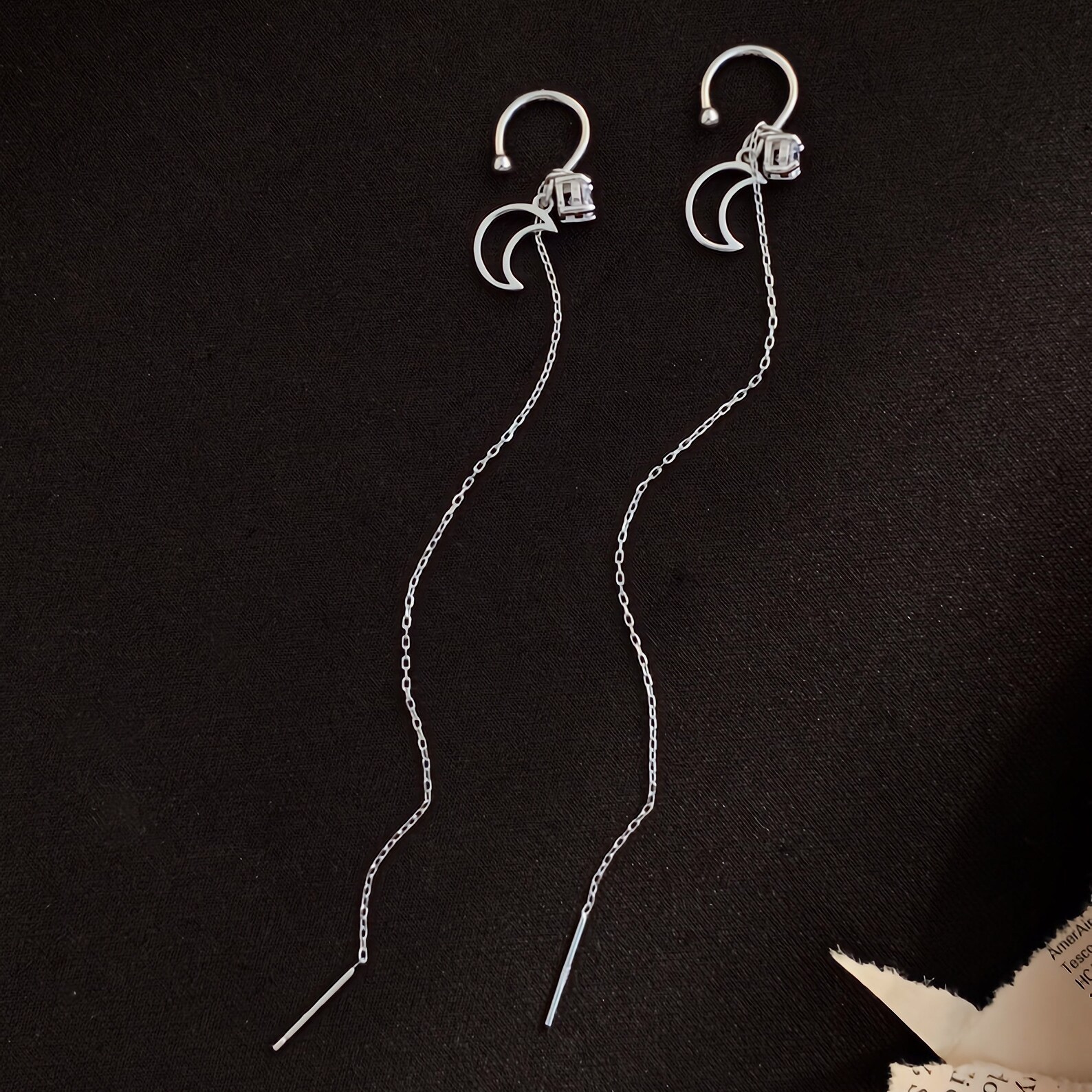 Dainty Silver Moon Threader Earrings With Ear Cuff 925 | Etsy