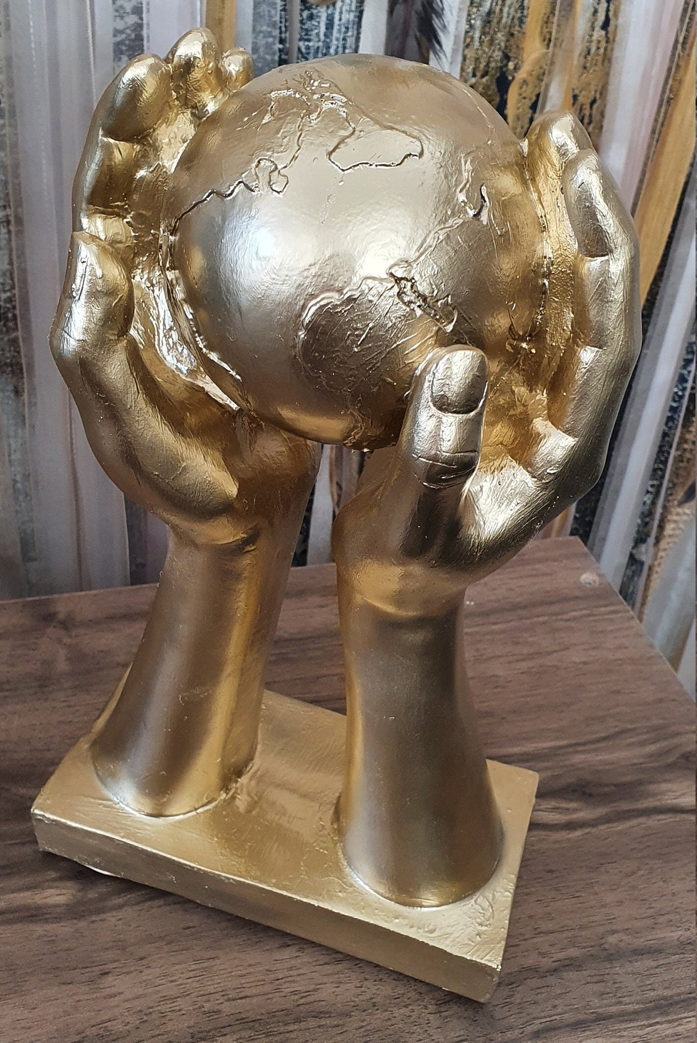 Handmade Gold Earth Sculpture, World in Hands Statue (12.6") - Etsy