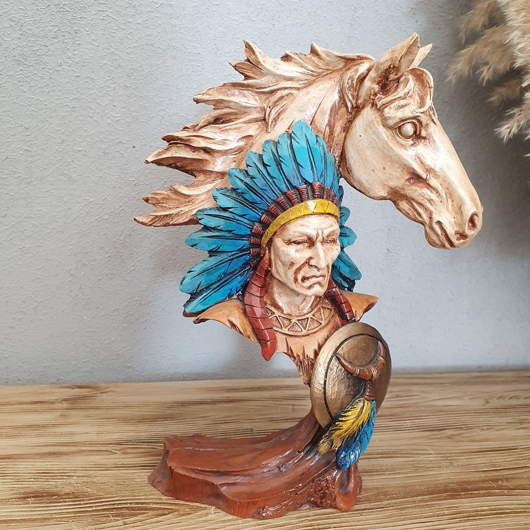 Handmade Native American Indian Bust Statue With Horse, Home Decor (11 ...
