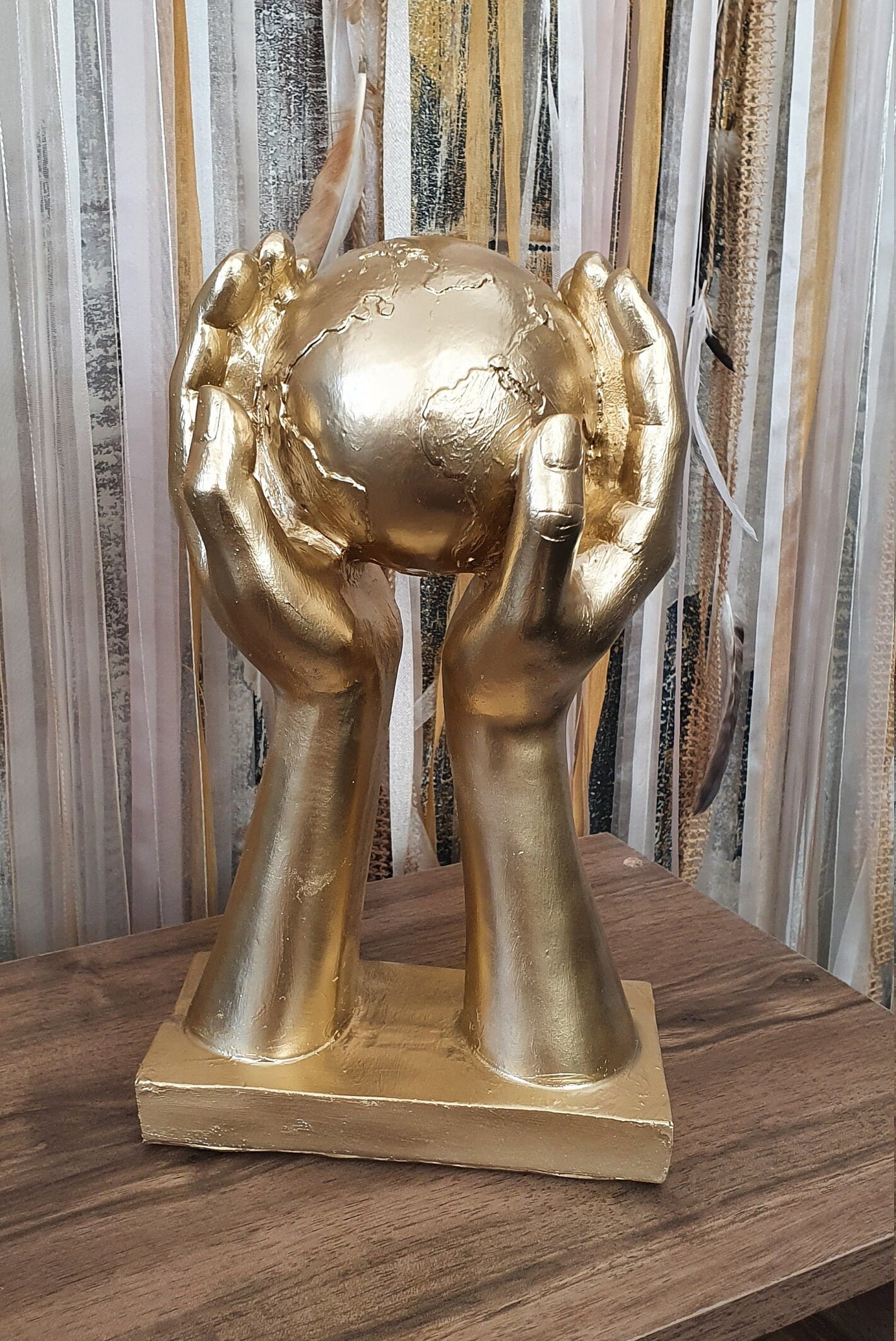 Handmade Gold Earth Sculpture, World in Hands Statue (12.6") - Etsy