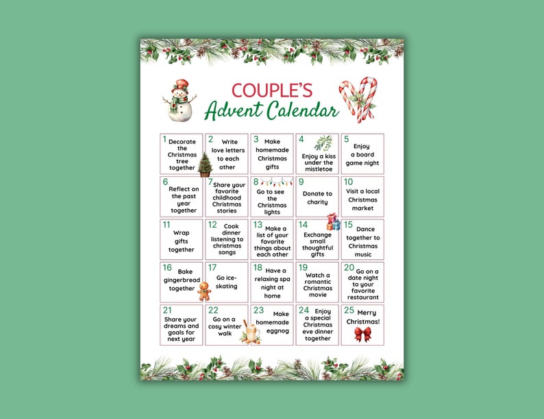Printable Couple's Advent Calendar, Couple's Christmas Activities ...