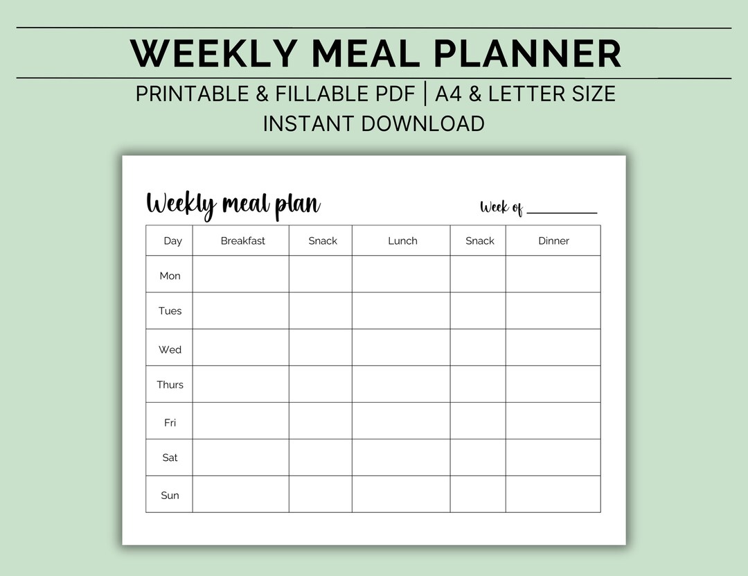 Weekly Meal Planner Printable, Fillable Menu Planner, Food Journal ...