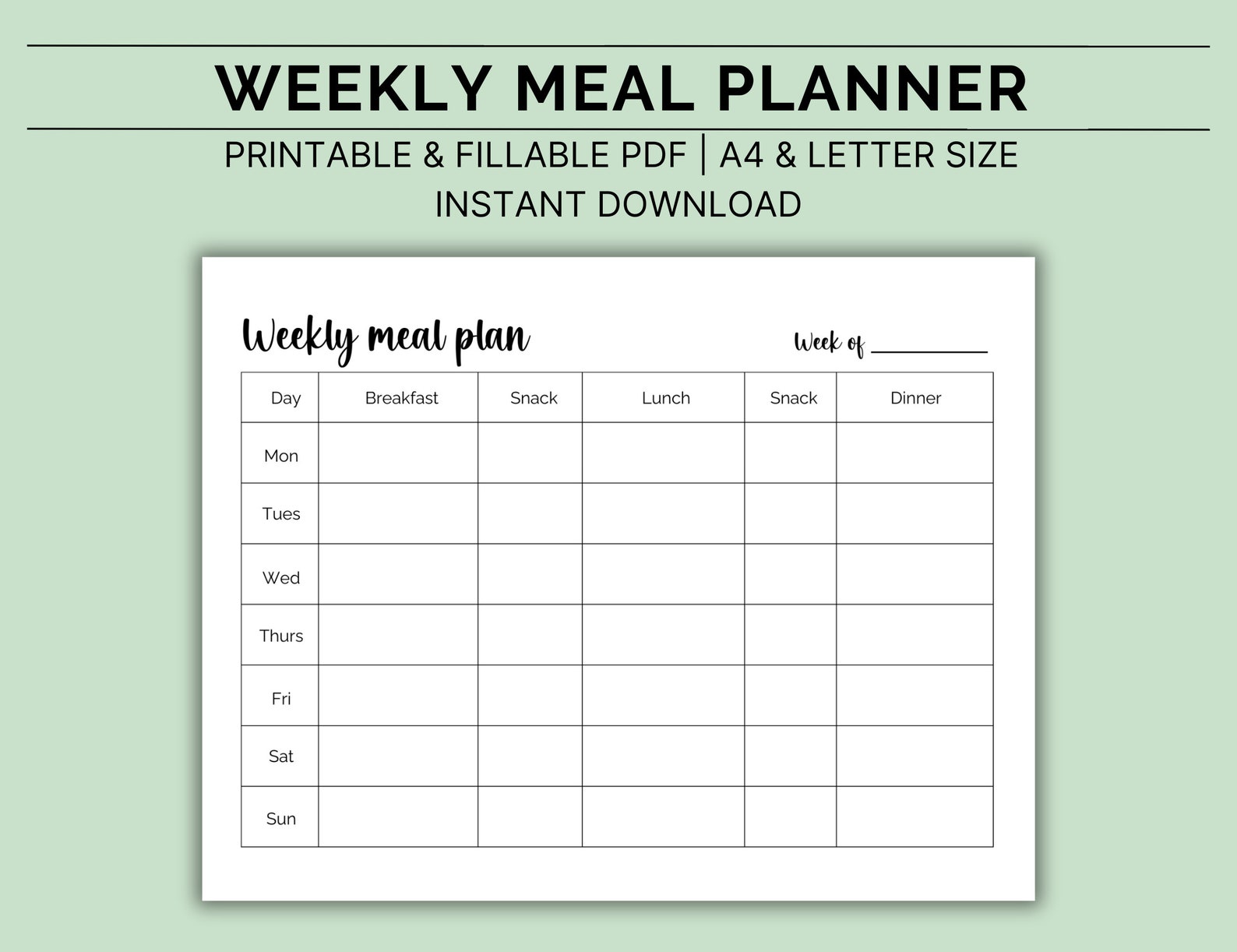 Weekly Meal Planner Printable, Fillable Menu Planner, Food Journal ...