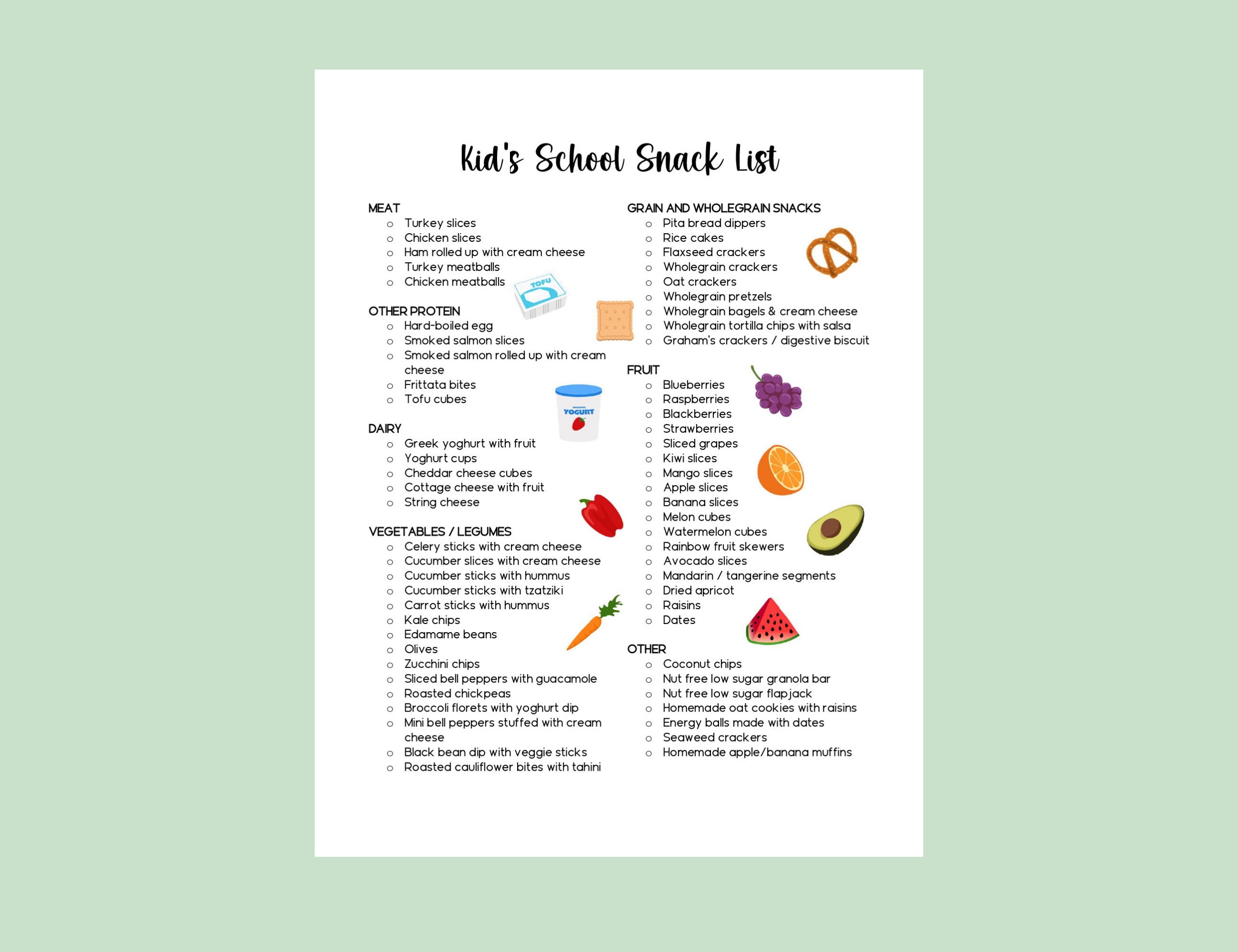 Printable School Snacks Calendar, Healthy School Snacks, Snacks for ...