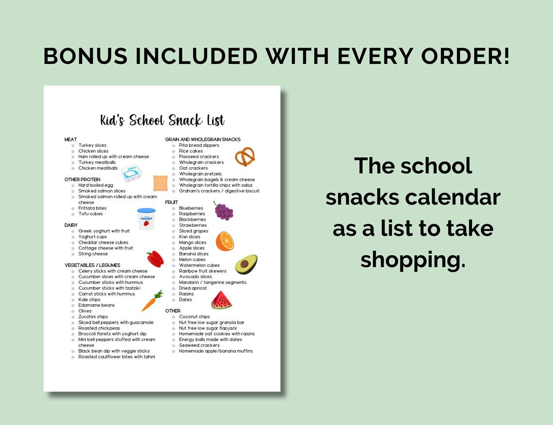 Printable School Snacks Calendar, Healthy School Snacks, Snacks for ...