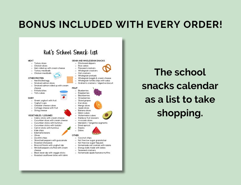 Printable School Snacks Calendar, Healthy School Snacks, Snacks for ...