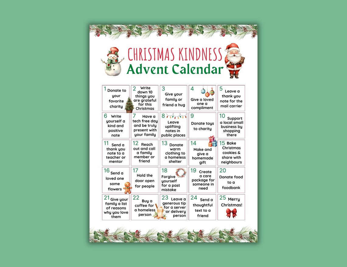 Printable Christmas Kindness Challenge, Kindness Advent Calendar, Kids ...