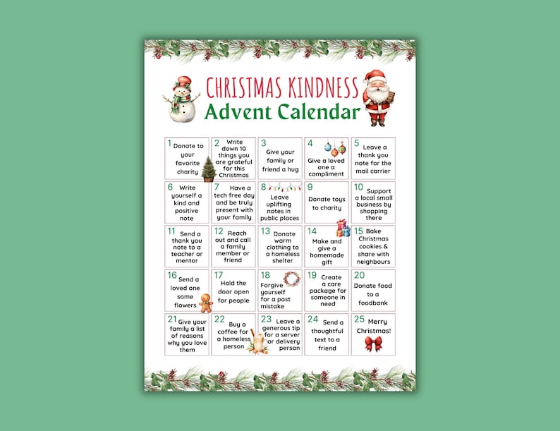 Printable Christmas Kindness Challenge, Kindness Advent Calendar, Kids ...