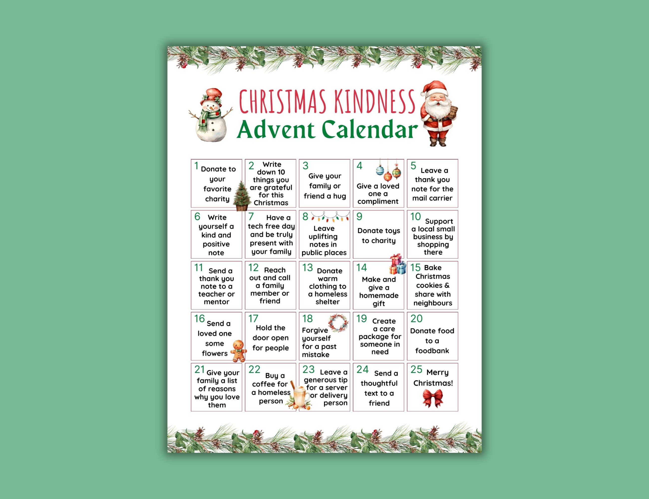 Printable Christmas Kindness Challenge, Kindness Advent Calendar, Kids ...