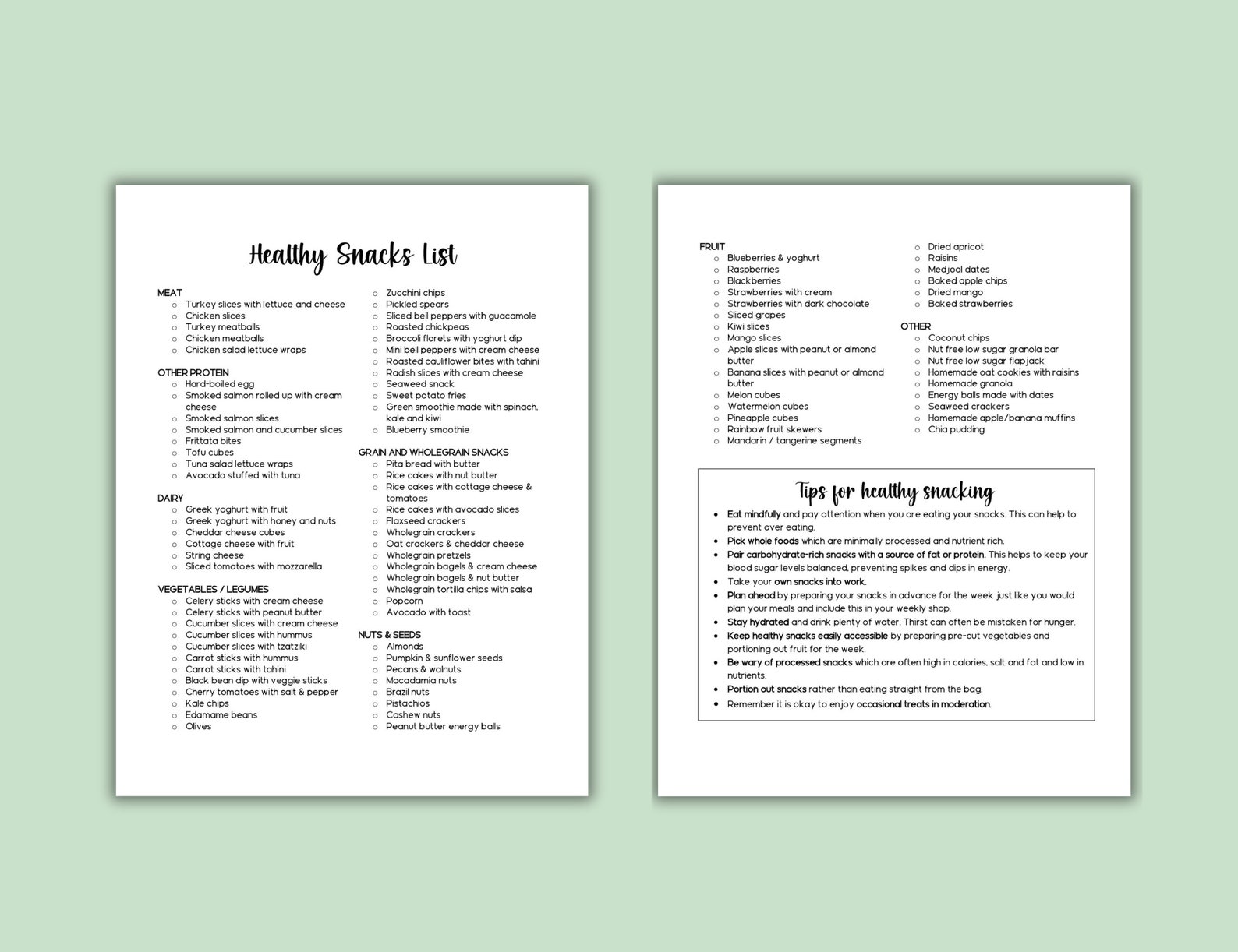 Printable Healthy Snacks List, Healthy Snacks Checklist PDF, Snacks ...