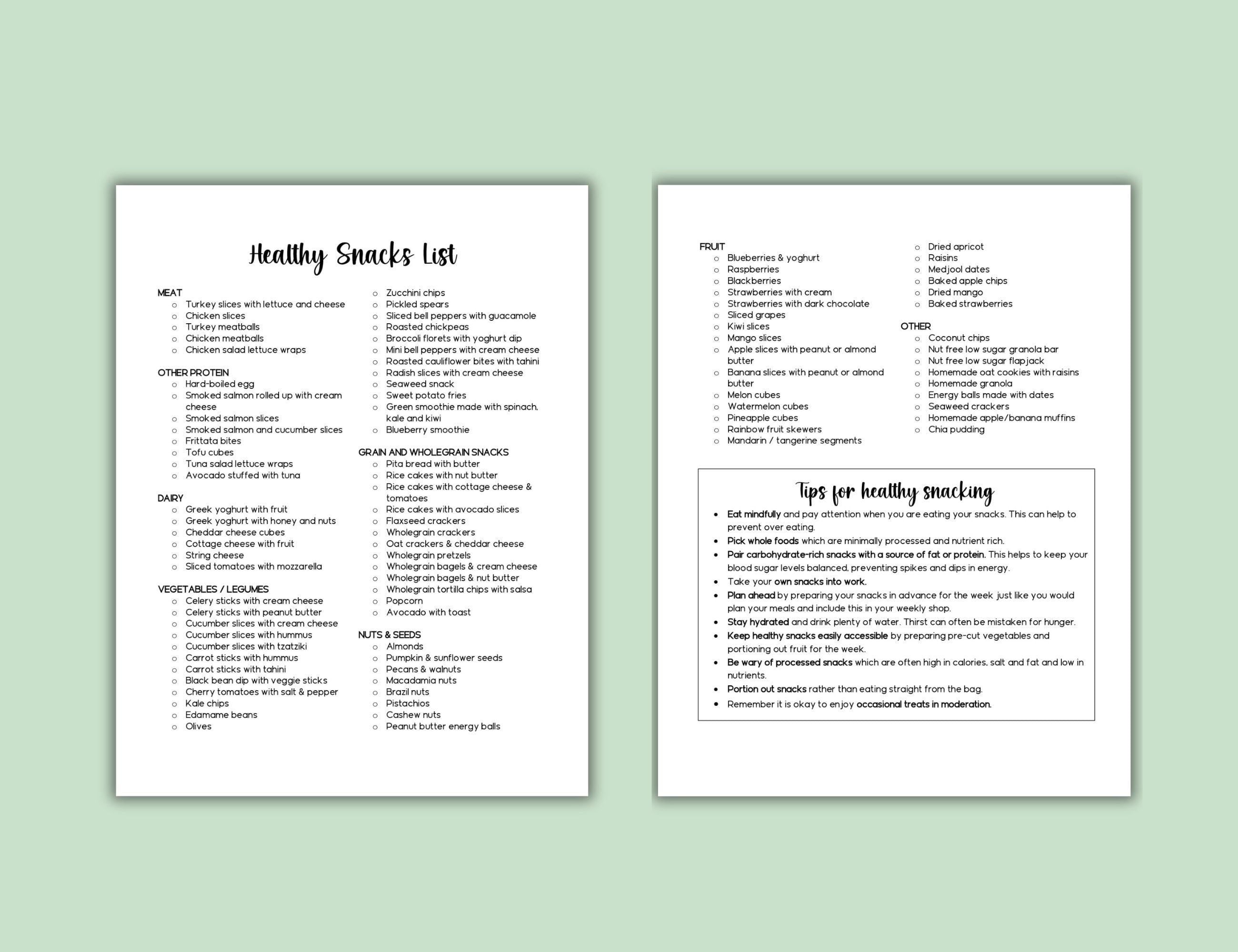 Printable Healthy Snacks List, Healthy Snacks Checklist PDF, Snacks ...