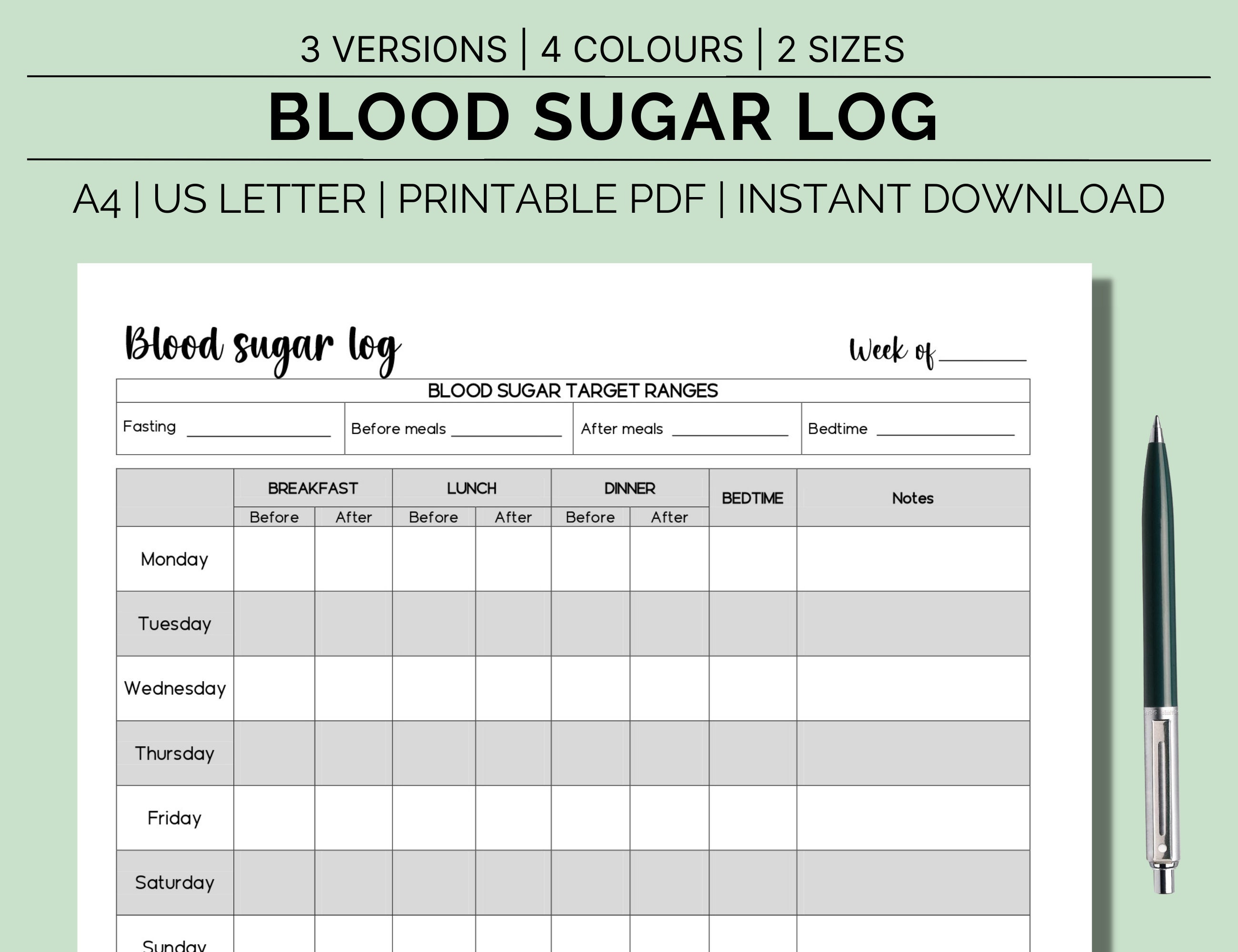 Weekly Blood Sugar Log Printable, Blood Glucose Tracker, Diabetic ...