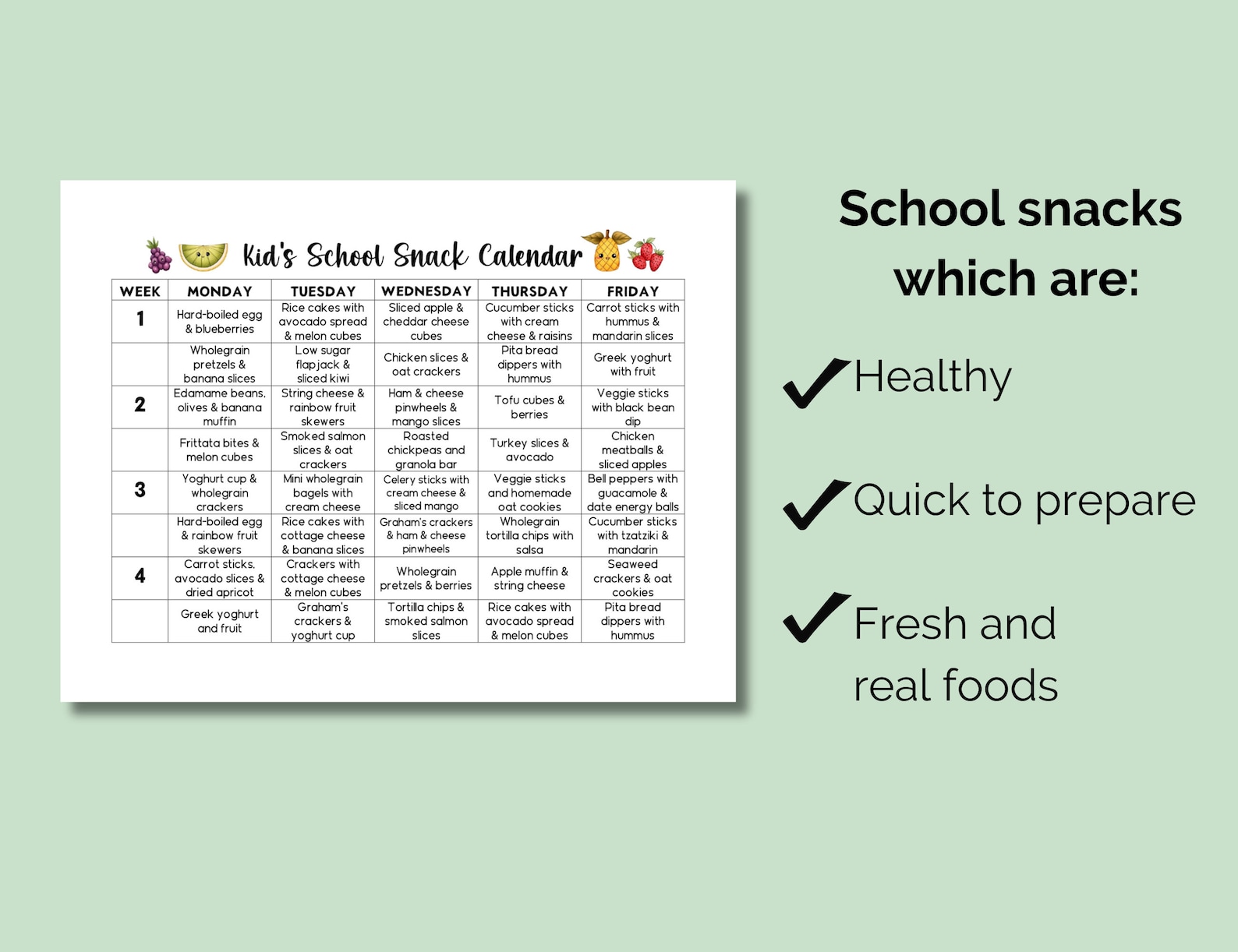 Printable School Snacks Calendar, Healthy School Snacks, Snacks for ...