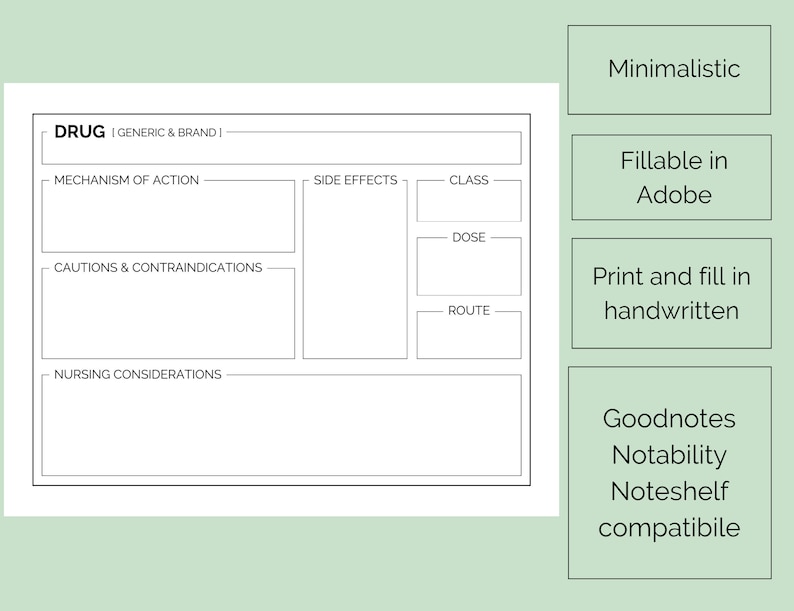 Fillable Nursing Drug Card Template, Pharmacology Printable, Nursing ...
