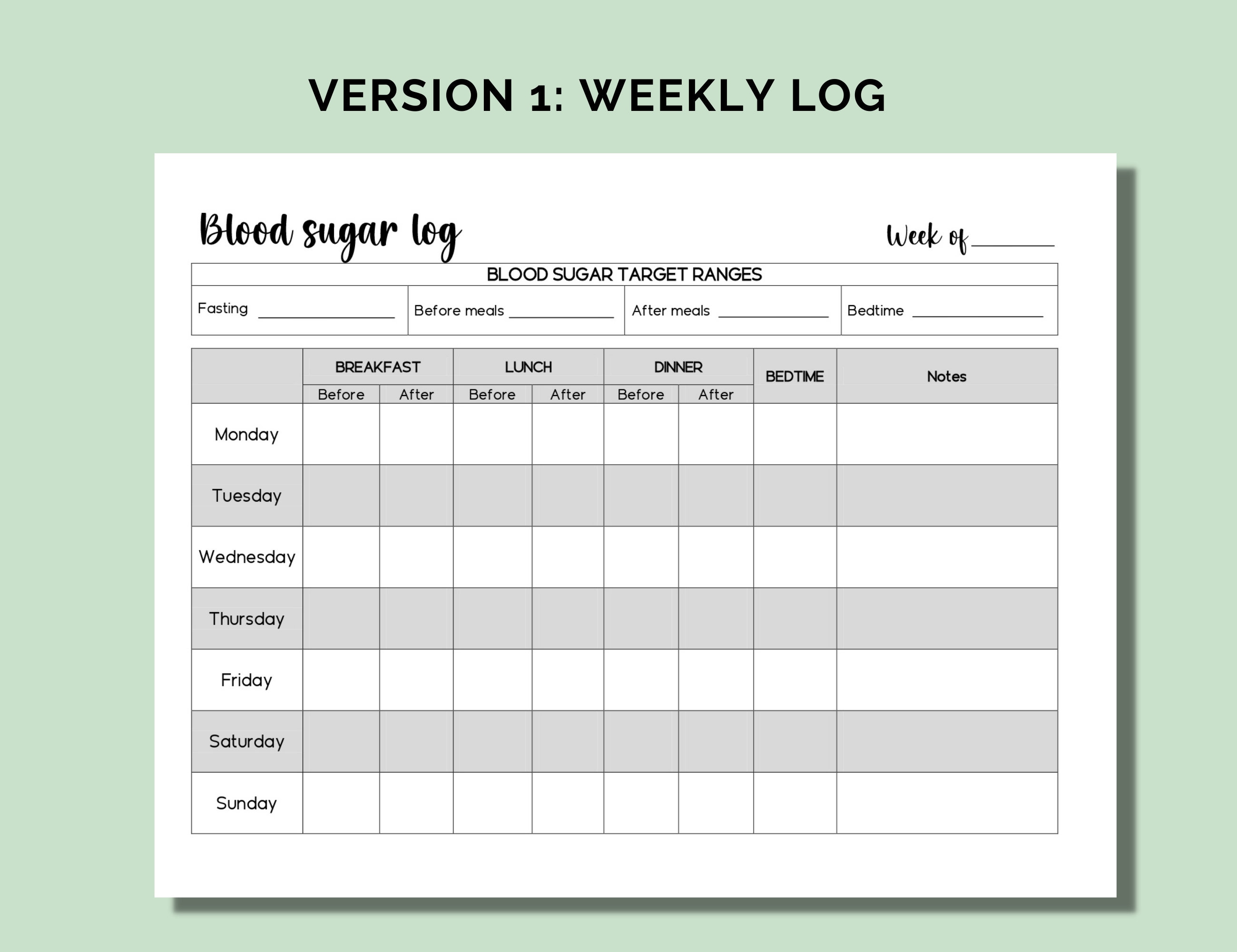 Weekly Blood Sugar Log Printable, Blood Glucose Tracker, Diabetic ...