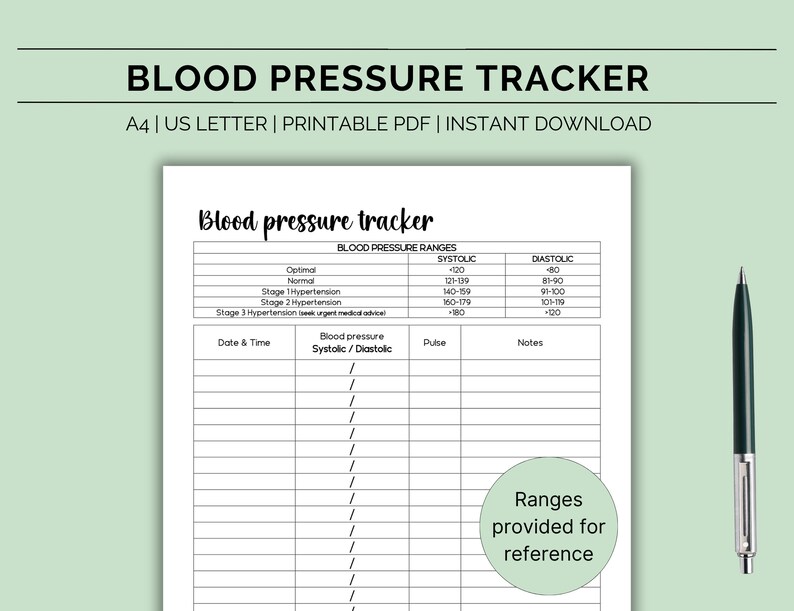 Blood Pressure Log, Hypertension Tracker, Blood Pressure Chart, Health ...