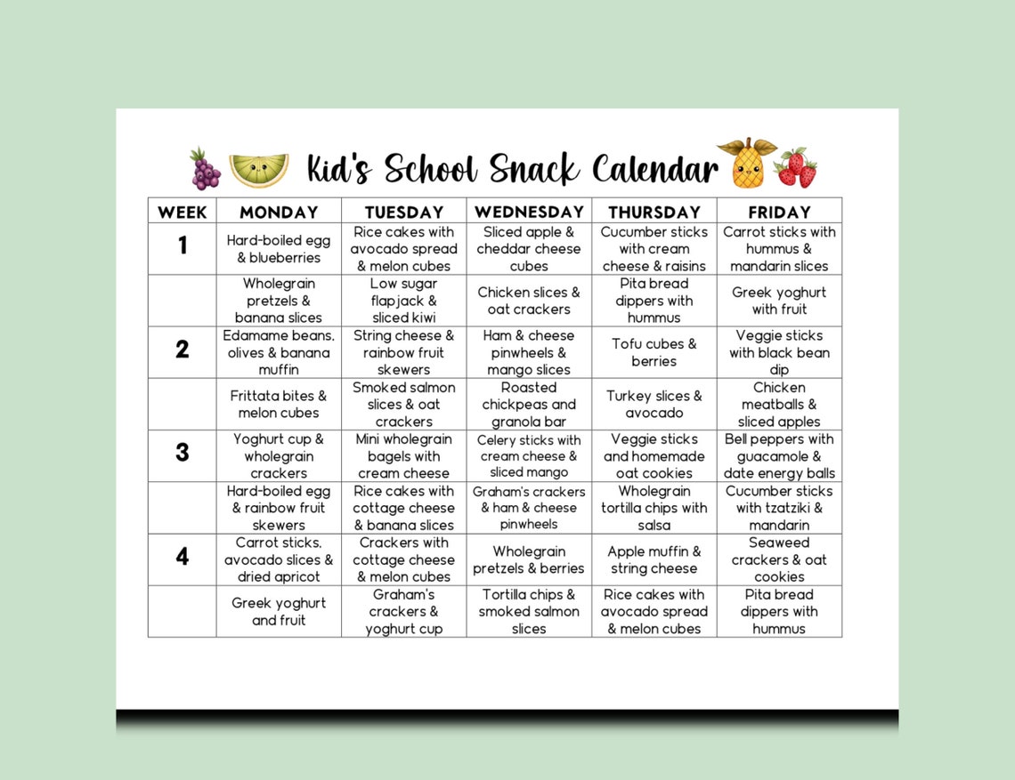 Printable School Snacks Calendar, Healthy School Snacks, Snacks for ...