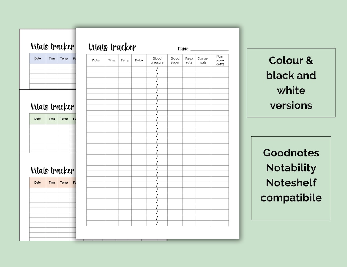 Printable Vital Sign Chart, Vital Sign Log, Caregiver Tracker, Intake ...
