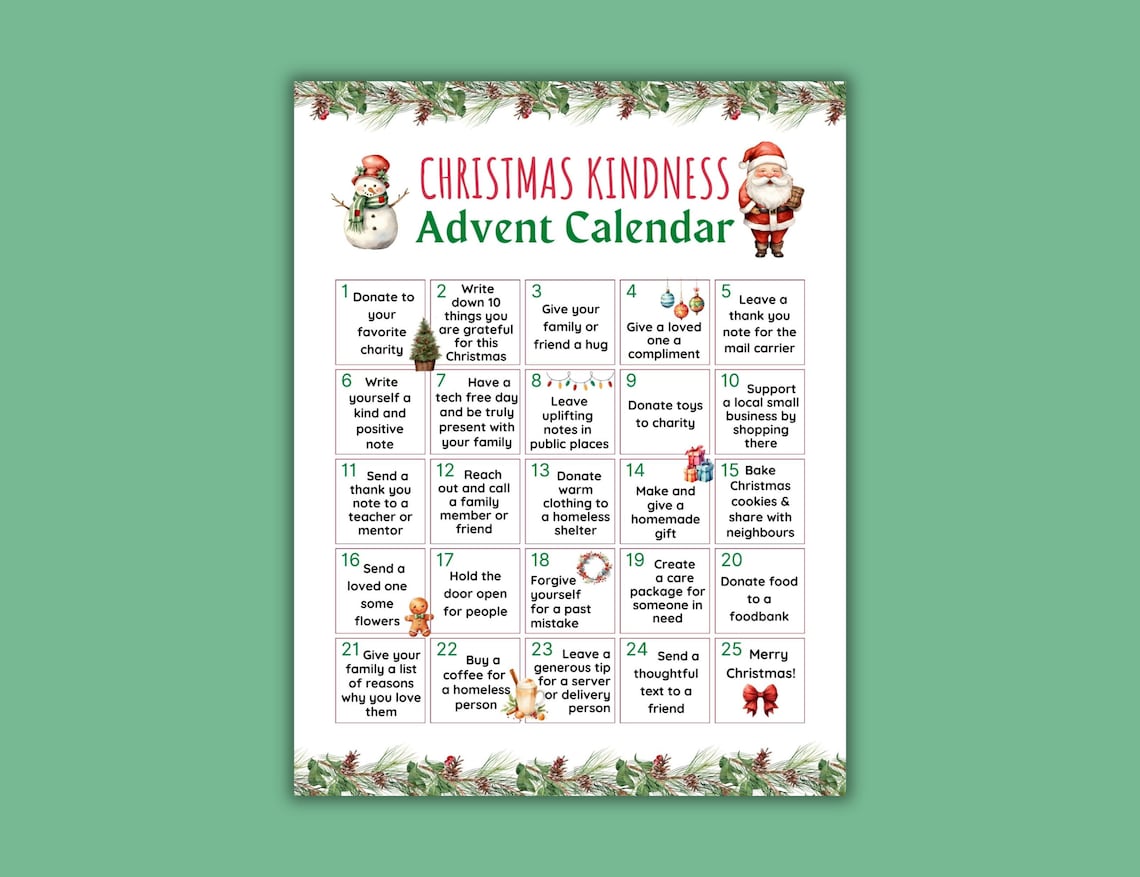 Printable Christmas Kindness Challenge, Kindness Advent Calendar, Kids ...