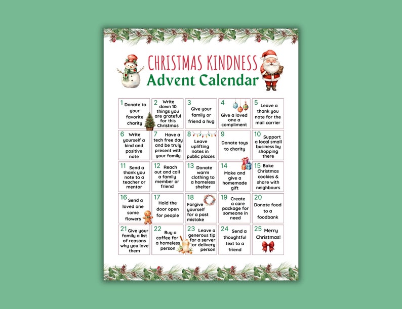 Printable Christmas Kindness Challenge, Kindness Advent Calendar, Kids ...