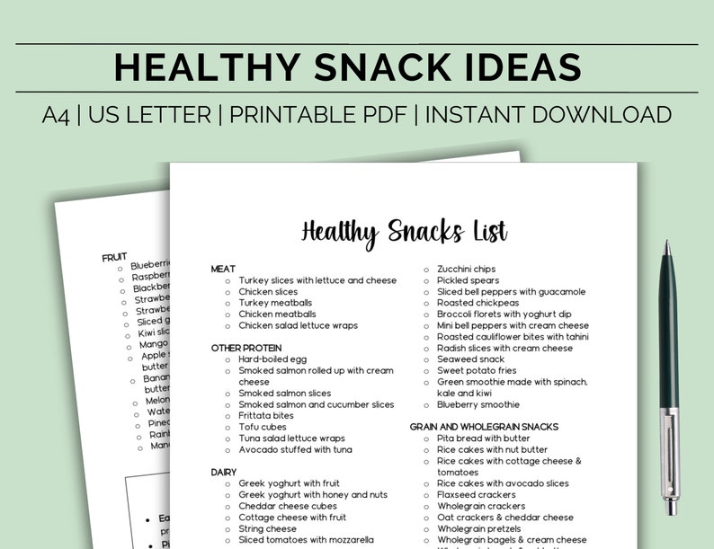 Printable Healthy Snacks List, Healthy Snacks Checklist PDF, Snacks ...