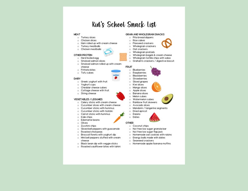 Printable Healthy School Snack List, Kid's School Snack Ideas, Home ...