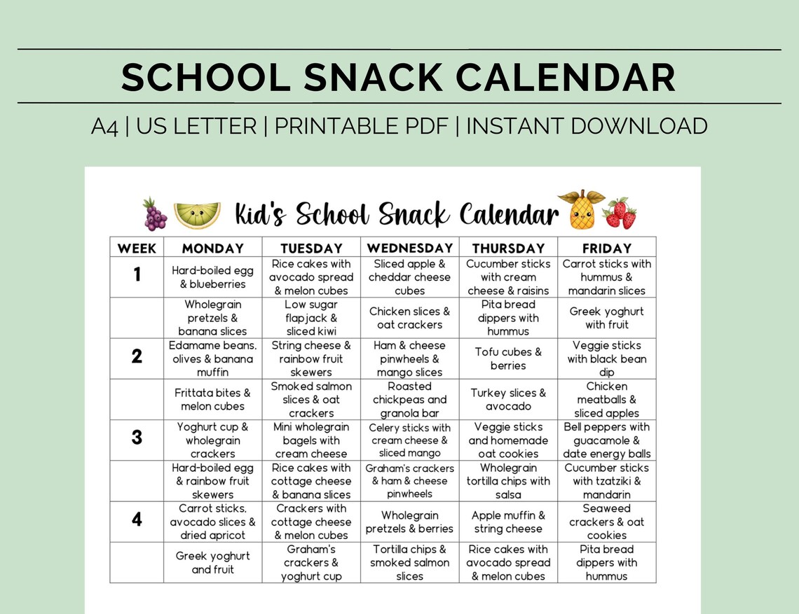Printable School Snacks Calendar, Healthy School Snacks, Snacks for ...