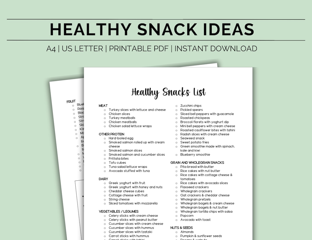 Printable Healthy Snacks List, Healthy Snacks Checklist PDF, Snacks ...