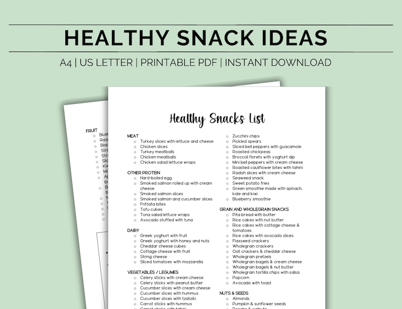 Printable Healthy Snacks List, Healthy Snacks Checklist PDF, Snacks ...