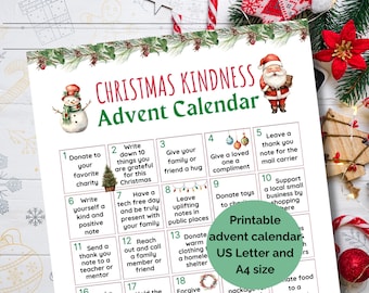 Printable Christmas Advent Calendar, 25 Days of Kindness Calendar ...