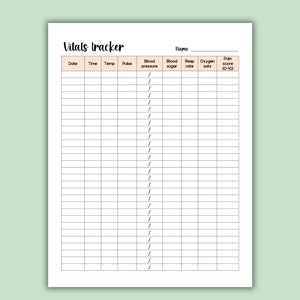 Printable Vital Sign Chart, Vital Sign Log, Caregiver Tracker, Intake ...