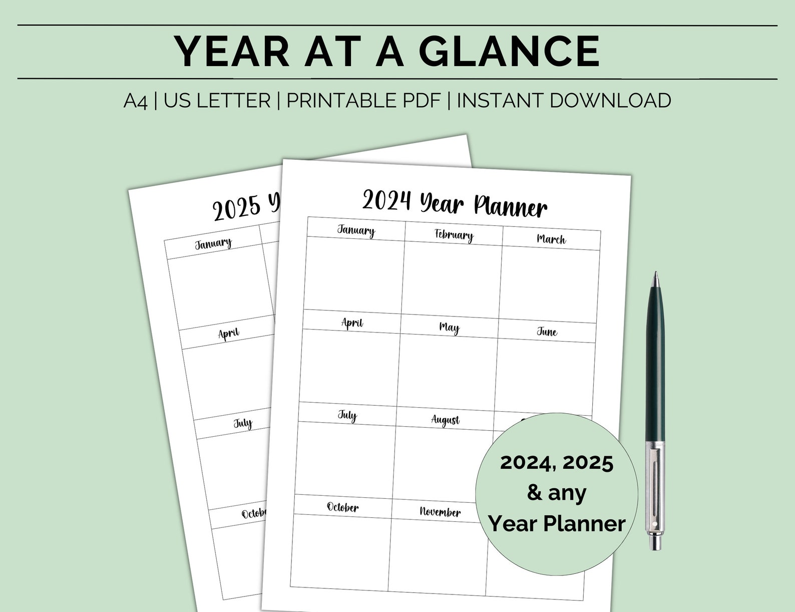 Printable 2024 Yearly Planner, Year at a Glance, Calendar 2024, Yearly ...
