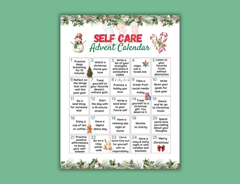 Printable Self Care Advent Calendar, Mindfulness Advent Calendar ...