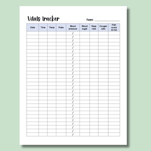 Printable Vital Sign Chart, Vital Sign Log, Caregiver Tracker, Intake ...